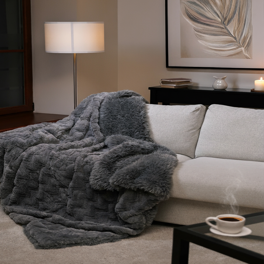 Jacquard Faux Fur Throw - Fog Stone Jacquard – Mon Chateau